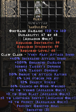 Fury Suwayyah - 3 LS/3 Venom/3 MB - Diablo 2 Resurrected - Buy D2R Items