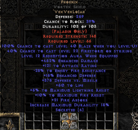 Phoenix Vortex Shield - 65% ED/121 AR - 440-464% ED - Diablo 2 ...