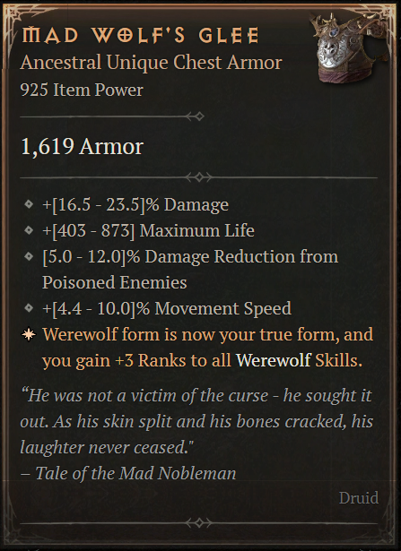 ‍Mad Wolf's Glee - Buy Diablo 4 Uniques - D4 Uniques Items